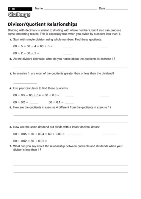 Divisor Quotient Relationships Division Worksheet With Answers Printable Pdf Download