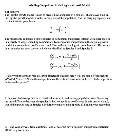 Solved Including Competition In The Logistic Growth Model Chegg