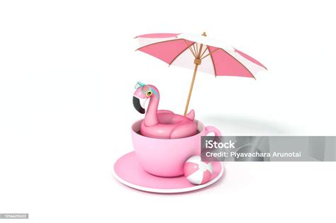 핑크 플라밍고 플로트 열대 조류 모양풍선 수영장 링은 흰색 배경 3d 렌더링에 핑크 커피 컵에 떠있습니다 3d 일러스트 여름과