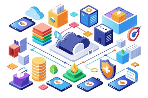 Isometric Illustration Of A Cloud Computing System With Various Icons Representing Data Security