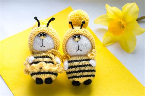 A Knitted Bee With A Strawberry Stock Image Image Of Romantic Hobby
