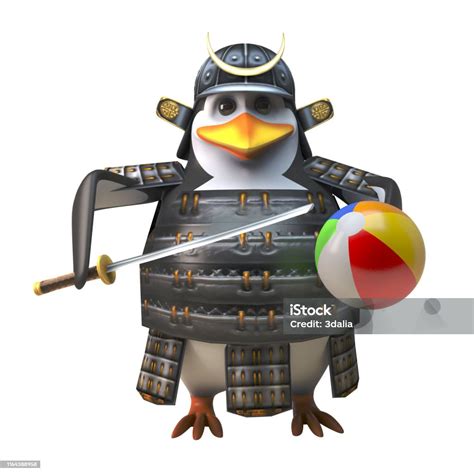 비치볼과 카타나 검을 들고 갑옷을 입은 재미 사랑 펭귄 사무라이 전사 3d 일러스트 3차원 형태에 대한 스톡 사진 및 기타 이미지 3차원 형태 Brand Name