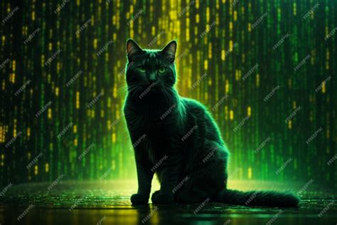 Cat Sitting In Front Of A Binary Code Background With Green Light
