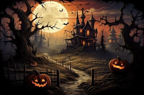 Halloween Landscape With Haunted House And Graveyard Premium Ai