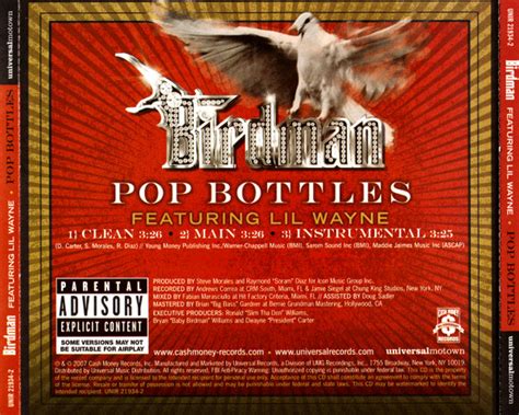 Birdman Featuring Lil Wayne Pop Bottles Cd Single Promo 2007