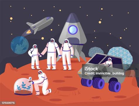 화성 식민지 개념 붉은 행성 표면에 우주 비행사 가족 문자입니다 로켓 근처 우주복을 입은 아버지와 아이 유리 돔 밑에 새싹을 심기 만화 사람 벡터 일러스트 Empire에
