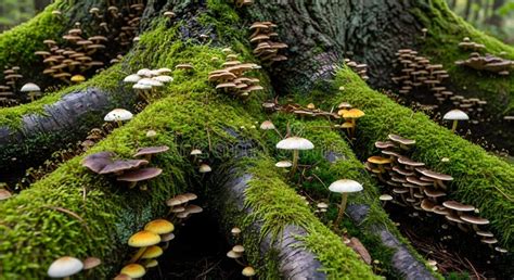 Lush Green Moss And Diverse Mushrooms Thrive On Tree Roots In A Damp