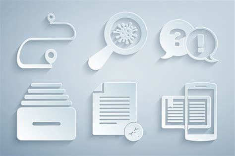 파일 문서 서비스 질문 및 느낌표 문서와 서랍 스마트 폰 책 돋보기 아래 미생물 및 경로 위치 아이콘을 설정합니다 벡터 박테리아에 대한 스톡 벡터 아트 및 기타 이미지