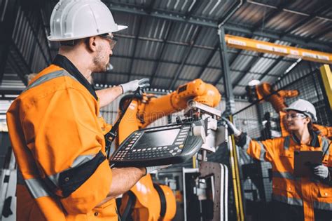 engineer team service robot welding working in automation factory