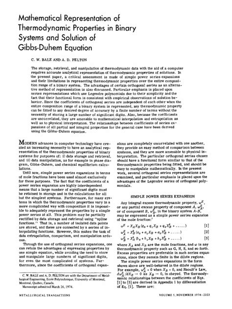 mathematical representation of thermodynamic properties in binary