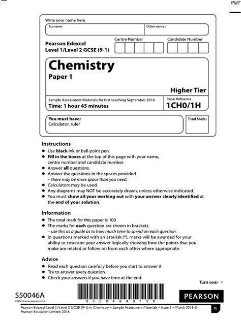 Specimen Qp Paper 1 H Edexcel Chemistry Gcse Pdf