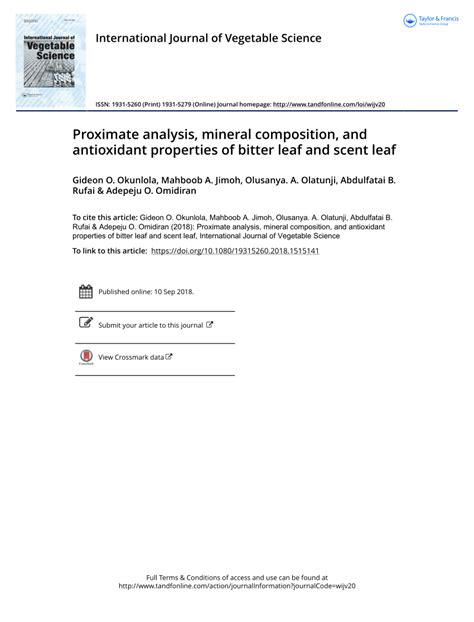 Pdf Proximate Analysis Mineral Composition And Antioxidant