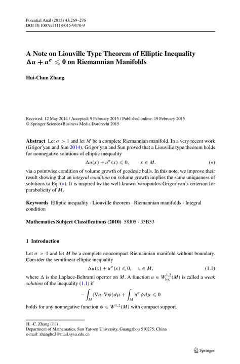 Pdf A Note On Liouville Type Theorem Of Elliptic Inequality Δu U σ