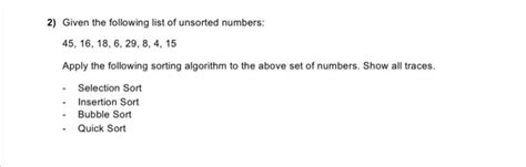 solved 2 given the following list of unsorted numbers 45