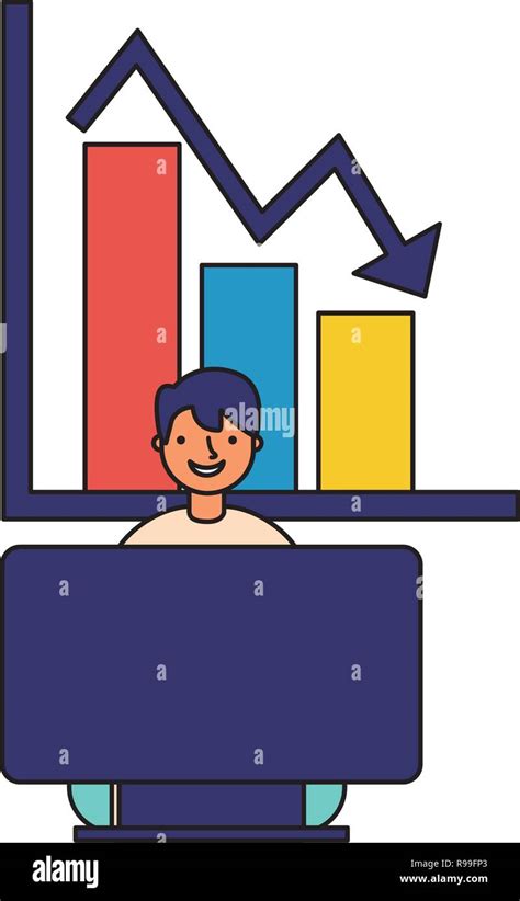 Businessman Working Computer Chart Financial Vector Illustration Stock