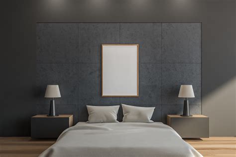 침대와 린넨 모형 포스터가 있는 회색 및 목재 침실 인테리어 0명에 대한 스톡 사진 및 기타 이미지 0명 3차원 형태 가구 Istock