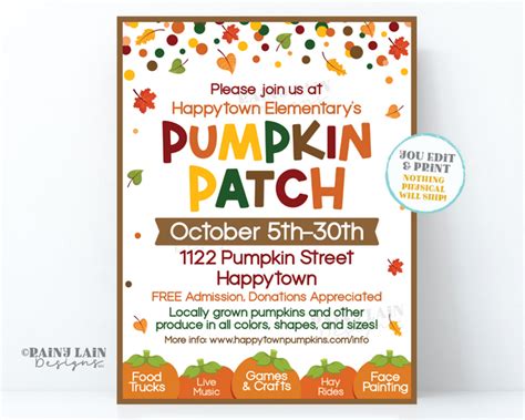 Pumpkin Patch Flyer Template Editable Fall Harvest Festival Invitation