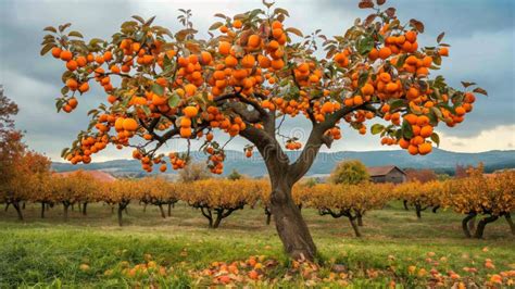 Mature Persimmon Tree In Autumn Orchard Perfect For Seasonal Display