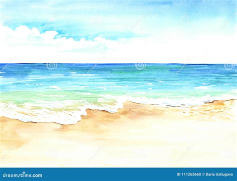 Summer Tropical Beach With Golden Sand And Wave Hand Drawn Watercolor