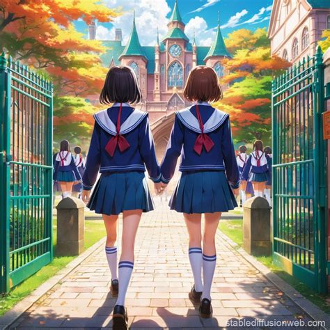 Twin Students Walk Through School Gates Stable Diffusion Online