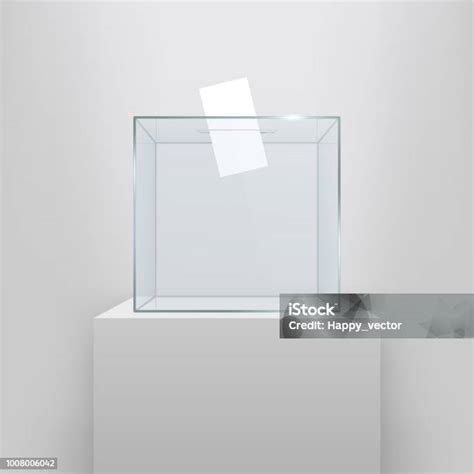 현실 빈 투명 한 투표 상자 배경에 고립 된 구멍에 종이 투표의 크리에이 티브 벡터 일러스트 아트 디자인 유리 케이스 박물관 받침대 무대 3d 연단에 있다 개념 그래픽