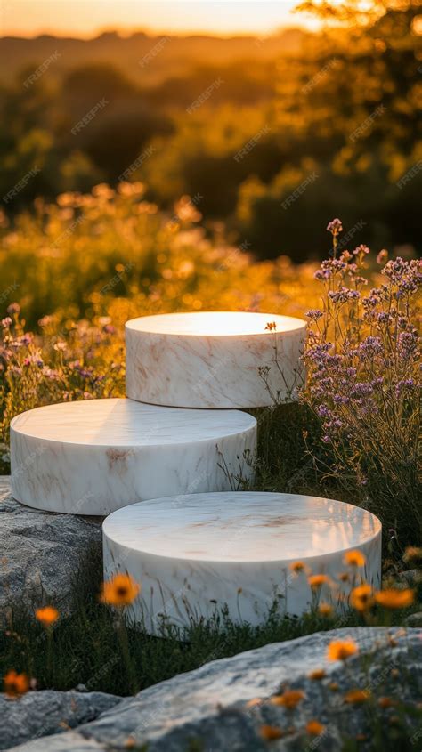 풍경 배경을 가진 제품 전시용 대리석 포디움 Ai 생성 이미지