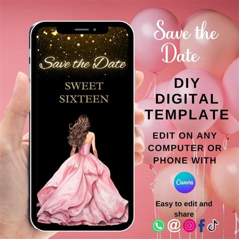Blush Pink Save The Date Invitation Editable Digital Sweet Sixteen