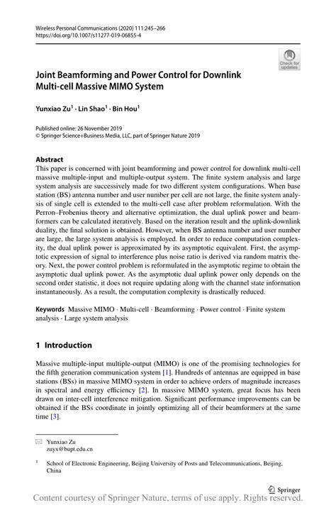 Joint Beamforming And Power Control For Downlink Multi Cell Massive Mimo System Request Pdf