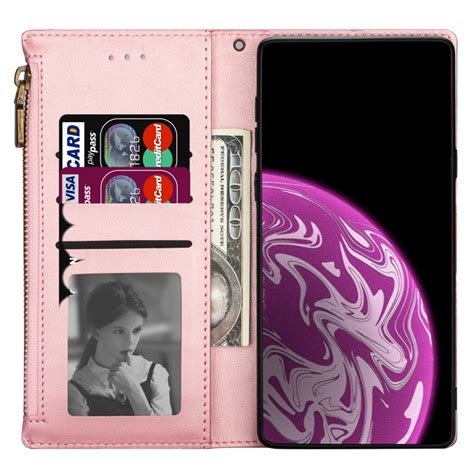 삼성 갤럭시 S20 울트라 지퍼 멀티 카드 슬롯 용 홀더 및 카드 슬롯 및 지갑 및 끈 및 사진 프레임이있는 수평 플립 Pu 가죽 케이스 로즈 골드