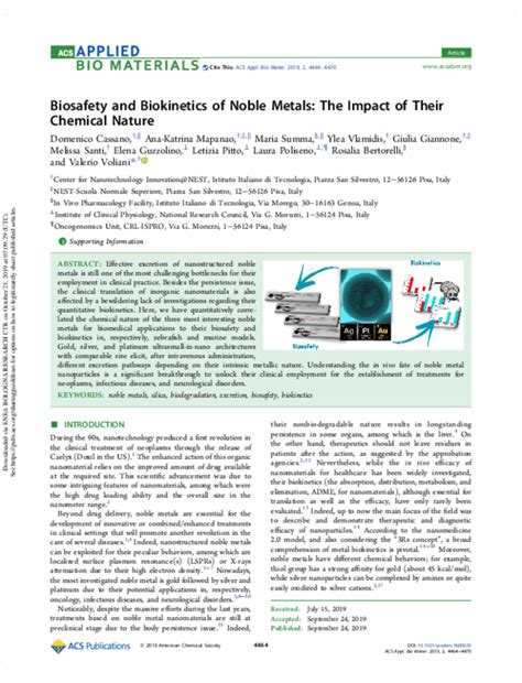 Pdf Biosafety And Biokinetics Of Noble Metals The Impact Of Their Chemical Nature Ylea