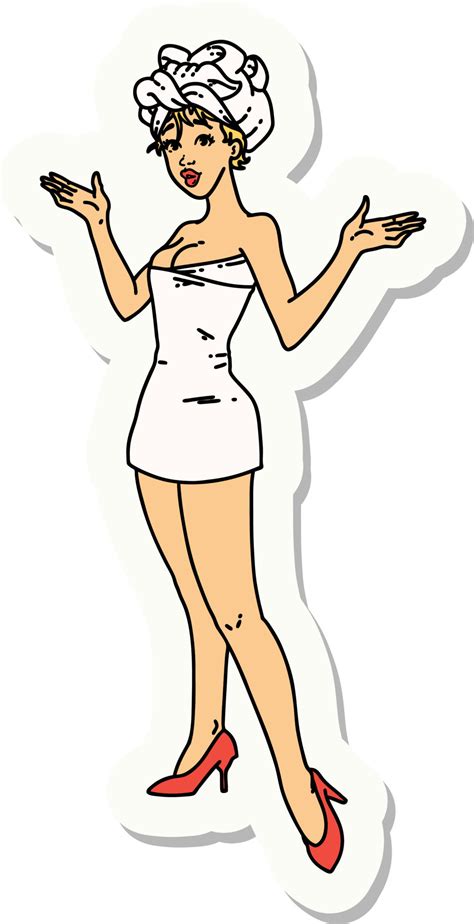 Sticker Of Tattoo In Traditional Style Of A Pinup Girl In Towels