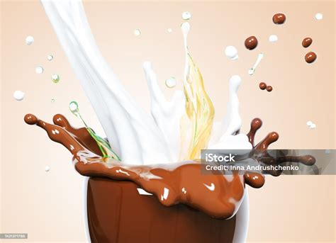 핫 초콜릿 소스 또는 시럽 커피와 우유 붓기 코코아 음료 또는 초코 크림 녹은 초콜릿 웨이브 추상적 인 배경 디저트 일러스트 푸드 고립 된 3d 렌더링 3차원 형태에 대한