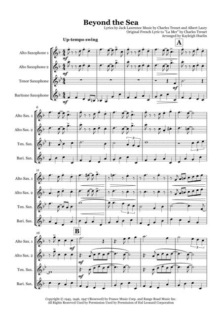 Beyond The Sea Arr Kayleigh Huelin By Bobby Darin Sheet Music For