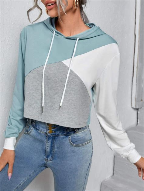 Cut And Sew Drawstring Hoodie Crop Top Hoodie