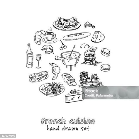 손으로 그린 프랑스 요리 음식 스케치 주요 요리 디저트 음료의 다른 종류 카페 메뉴 전단지 칠판에 대한 흰색 배경에 격리 된 벡터 세트 0명에 대한 스톡 벡터 아트 및 기타