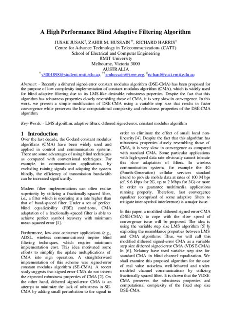 Pdf A High Performance Blind Adaptive Filtering Algorithm