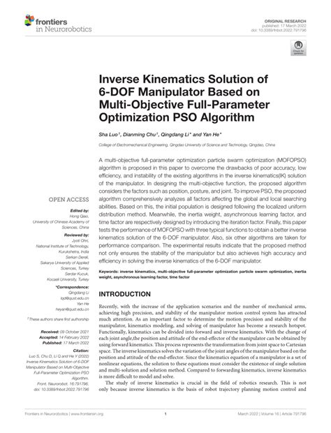 Pdf Inverse Kinematics Solution Of 6 Dof Manipulator Based On Multi