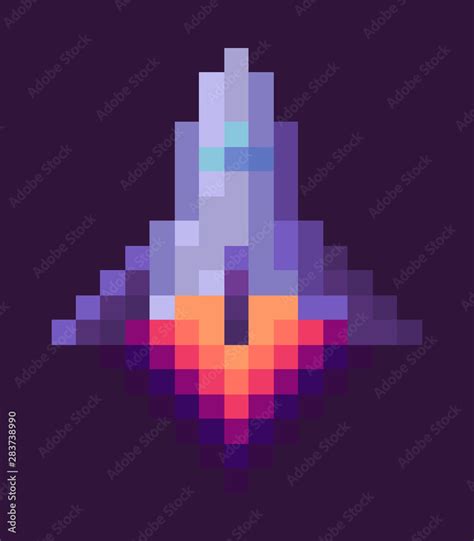 Retro Spaceship Pixel Art Sign In 8 Or 16 Bit Game In Dark Night Sky Vector Starship In