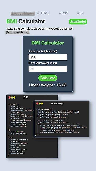 Create Bmi Calculator Coding Jsdev Code Htmlcssjavascript Trending