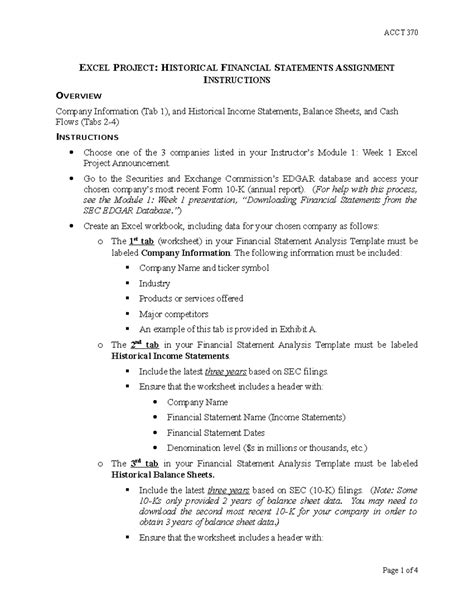 Excel Project Historical Financial Statements Assignment Instructions Excel Project