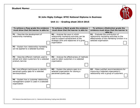 Grading Sheet Bhjuinu St John Rigby College Btec National Diploma