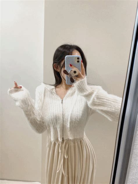 5col 조프 앙고라 골지 퍼 패드 니트 후드 집업 크롭 가디건 에이블리