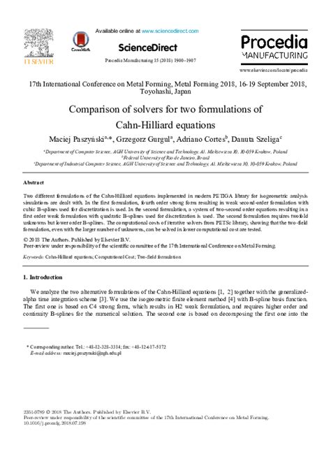 Pdf Comparison Of Solvers For Two Formulations Of Cahn Hilliard Equations