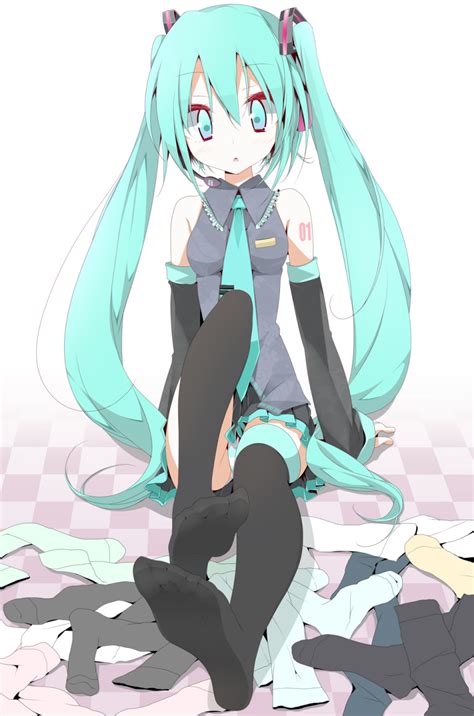 Safebooru Aqua Hair Black Legwear Black Thighhighs Feet Footwear