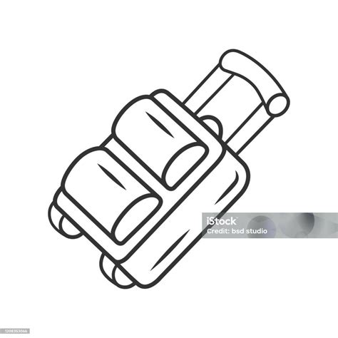 바퀴 선형 아이콘에 큰 수하물 가방 손잡이가 달린 여행 가방 비행기 가방 가는 선 그림입니다 등고선 기호입니다 벡터 절연 윤곽선 도면 편집 가능한 스트로크 가방에 대한 스톡