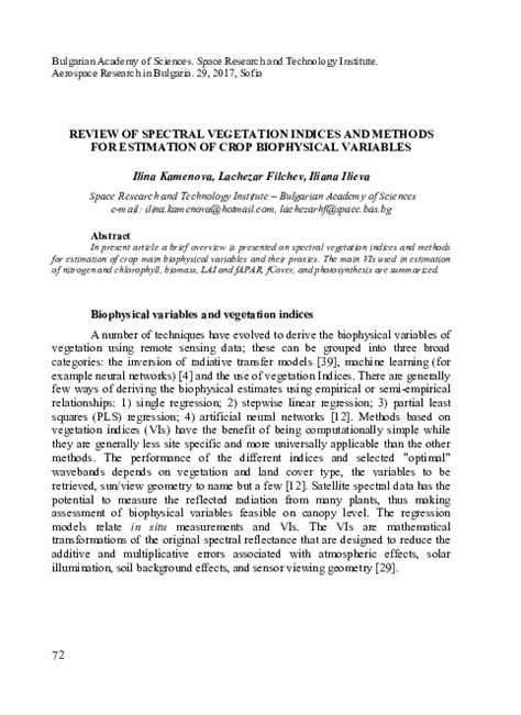 Pdf Review Of Spectral Vegetation Indices And Methods For Estimation Of Crop Biophysical Variables