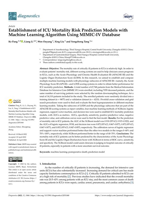 PDF Establishment Of ICU Mortality Risk Prediction Models With Machine Learning Algorithm