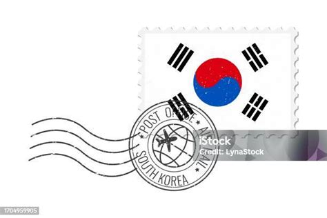 한국 그런지 우표 빈티지 엽서 벡터 그림은 하얀 배경에 분리된 한국 국기와 함께 있다 복고풍 스타일 우표에 대한 스톡 벡터 아트 및 기타 이미지 Istock