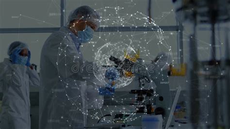 In Laboratory Scientists Analyzing Data With Digital Network Animation Overlay Stock Footage