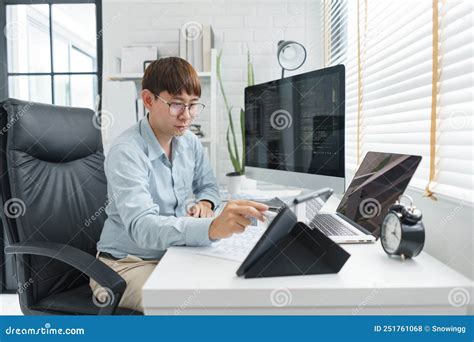 Software Development Concept Male Programmer Point Data On Tablet To Checking Website